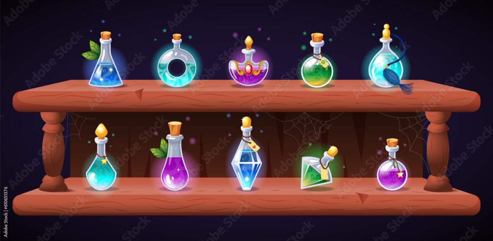 Magic potion shelf for alchemist game. Decorative apothecary poisons ...