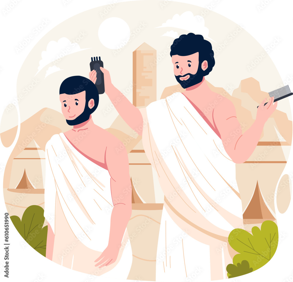A Muslim character shave or trim hair. A Ritual of the Hajj pilgrimage ...