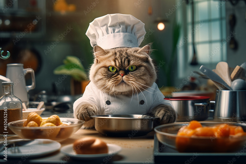 the cat is a cook in the kitchen, created by a neural network ...