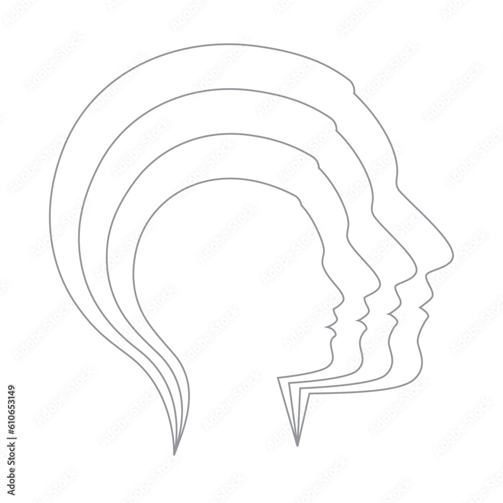 Vector image of black line of overlapping heads of women at different ...