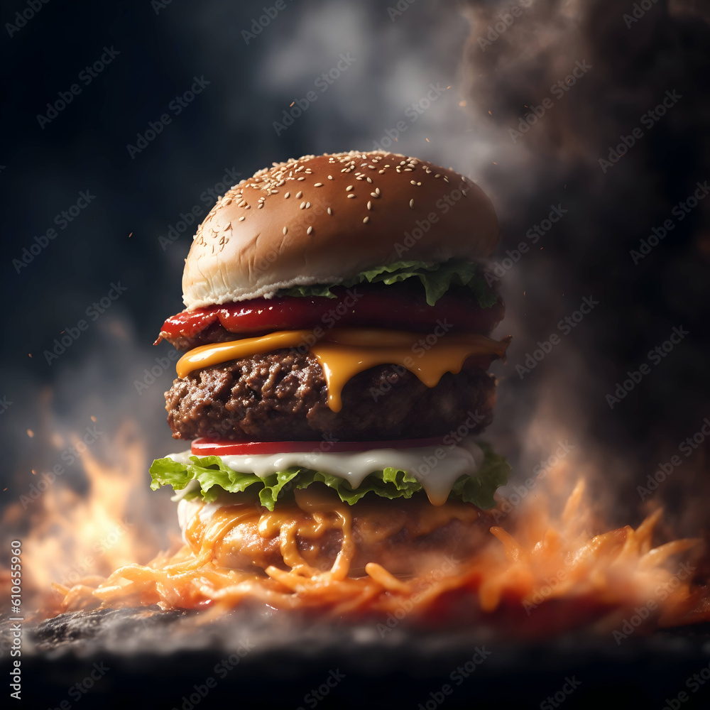 juicy hamburger on fire, powder explosion, hyper realistic photograph ...