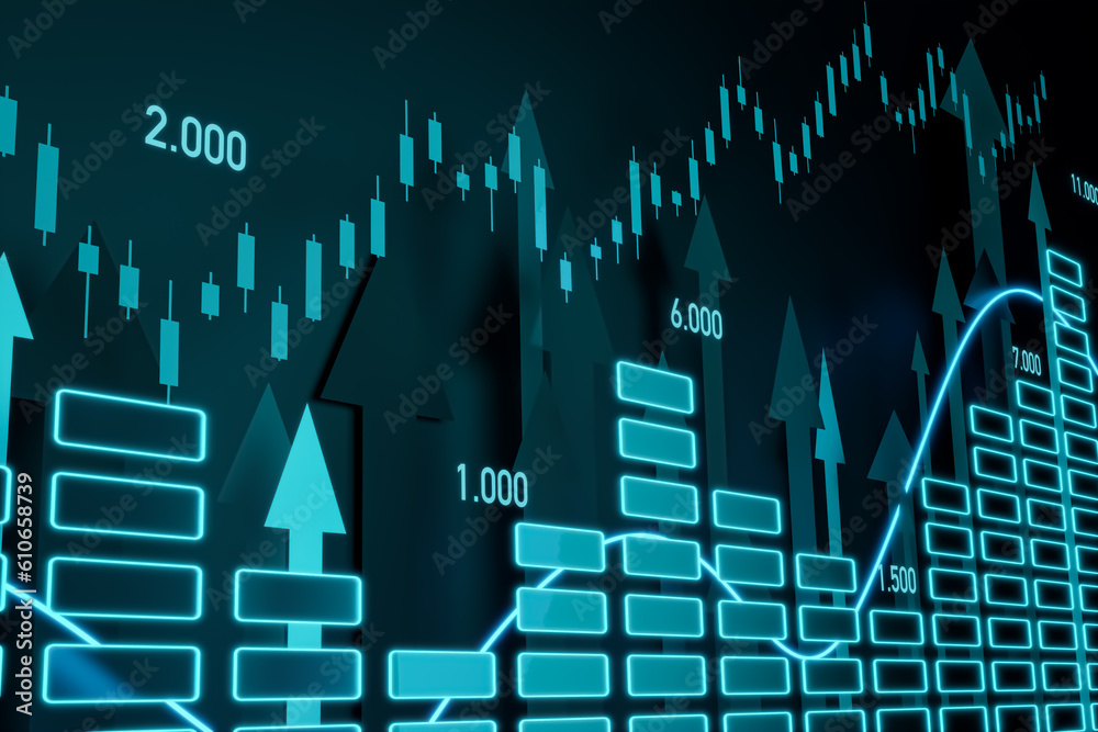 Bar graph and line moving up. Rising arrows. Positive bar chart in blue ...