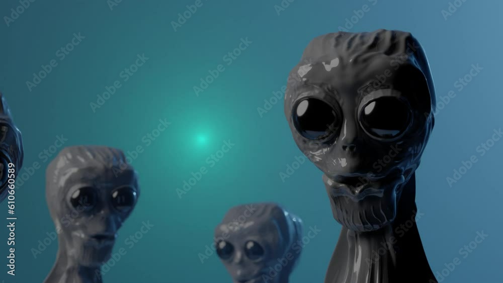 Aliens with big eyes in a blue fog. Moving slow. 3D render animation ...