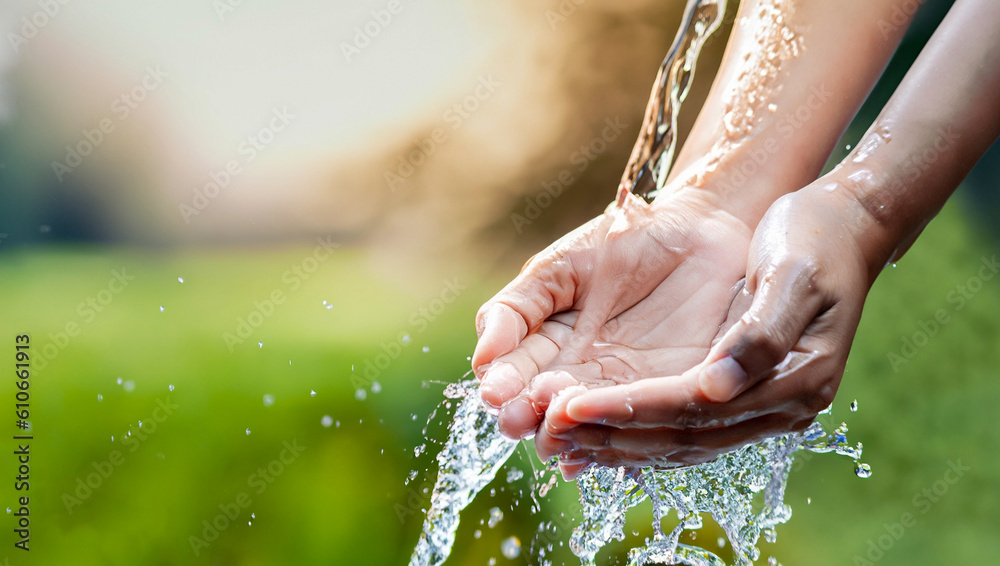 Water pouring and splash in woman cut hand on nature background, earth ...