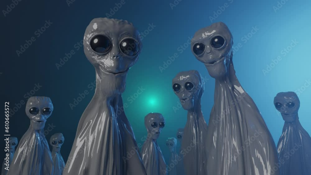 Aliens with big eyes in a blue fog. Moving slow. 3D render animation ...