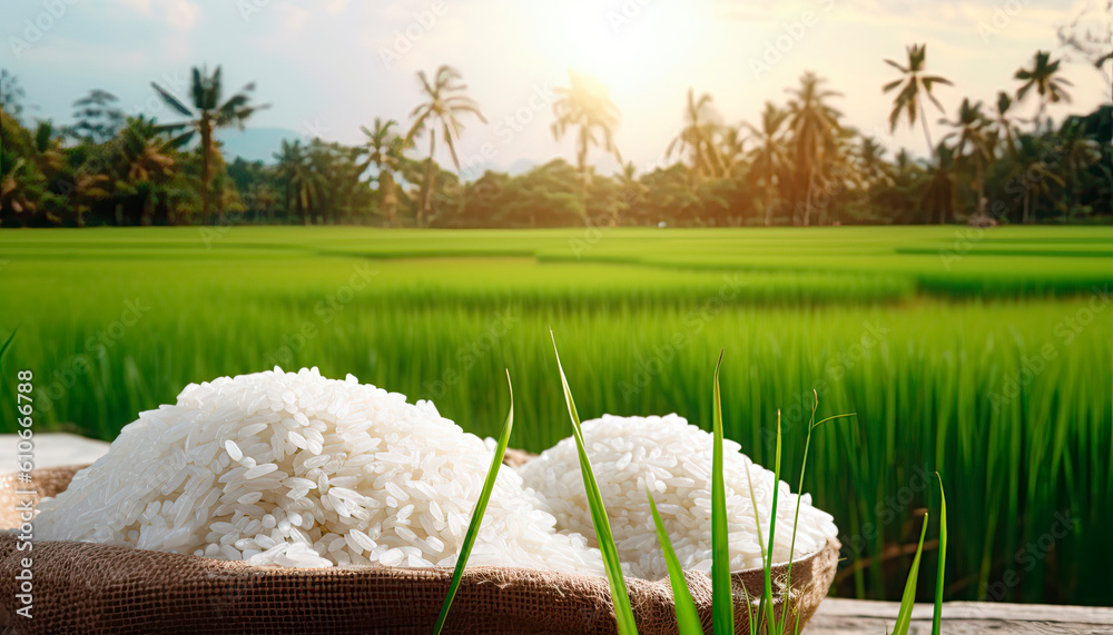 Asian uncooked white rice with the rice field background. Generative AI ...