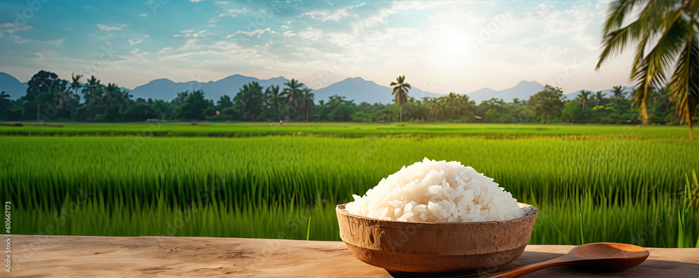 Asian uncooked white rice with the rice field background. Generative AI ...