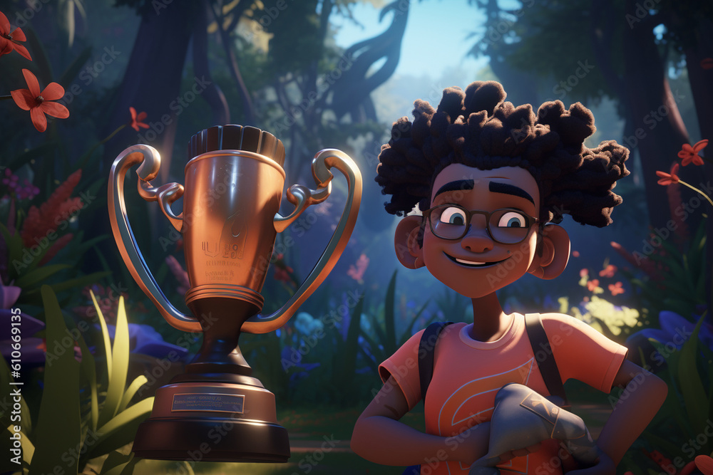 An animated character on the screen holding a trophy, while the player ...