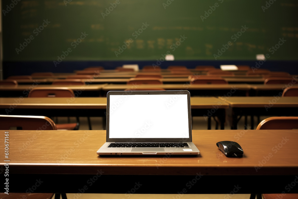 Laptop with transparent screen on top of table in classroom, laptop on ...