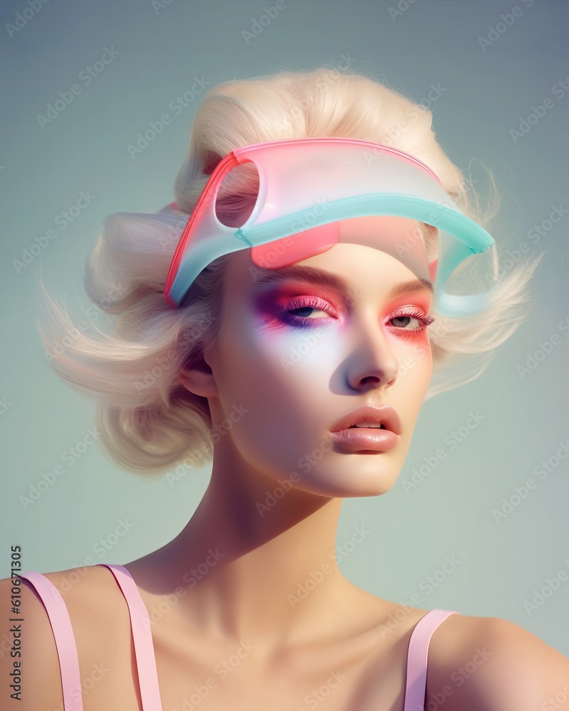 Beautiful blonde woman female girl model with futuristic hat posing on ...