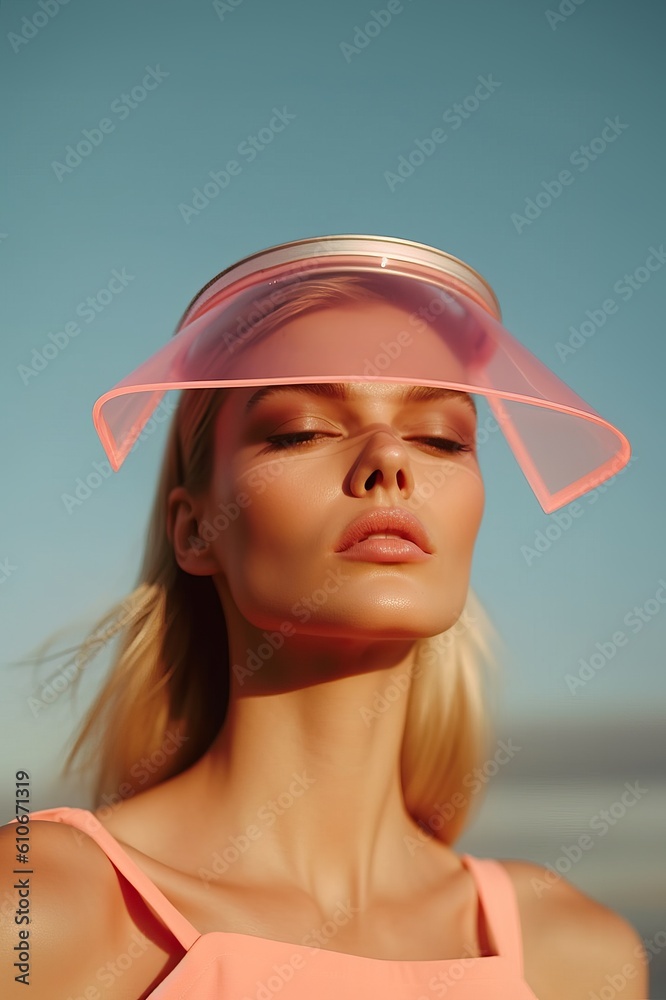 Beautiful blonde woman female girl model with futuristic hat posing on ...