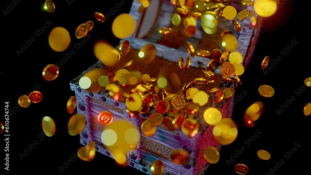 exploded gold coin, Vintage old treasure chest opened and many gold ...