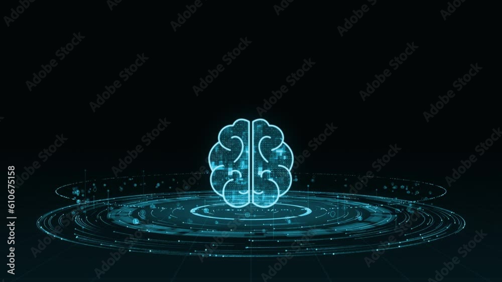 Motion graphic of Blue digital brain logo with particle ring circle ...