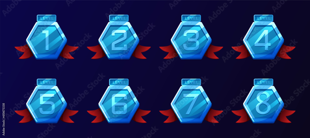 Game badges with level number. Level results vector icon design for the game, UI, banner, design ...