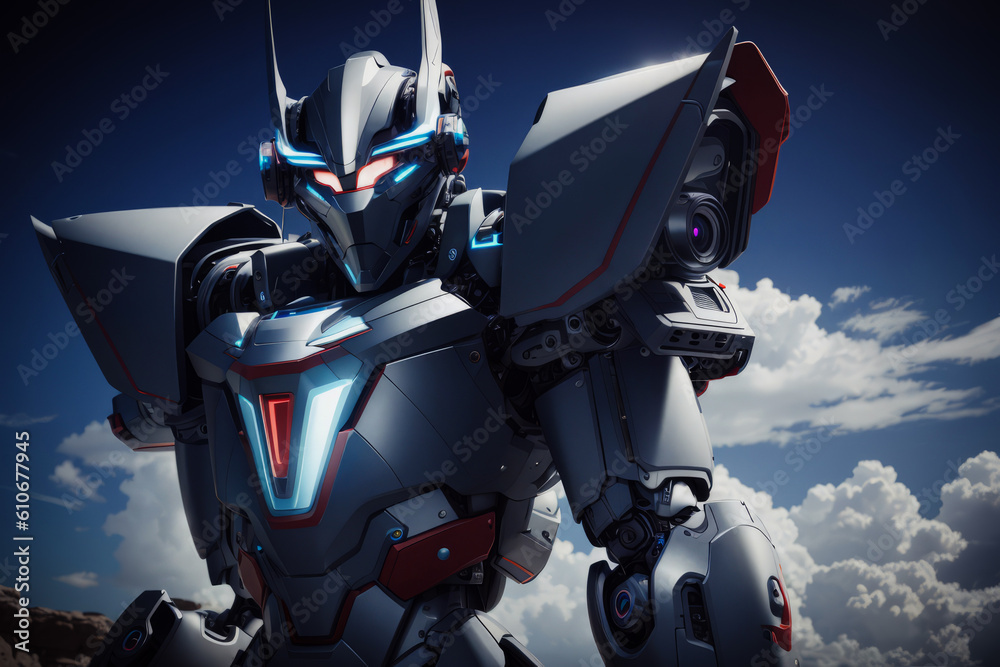 Silver and red colored metal warrior robot with vertical ears, an ...