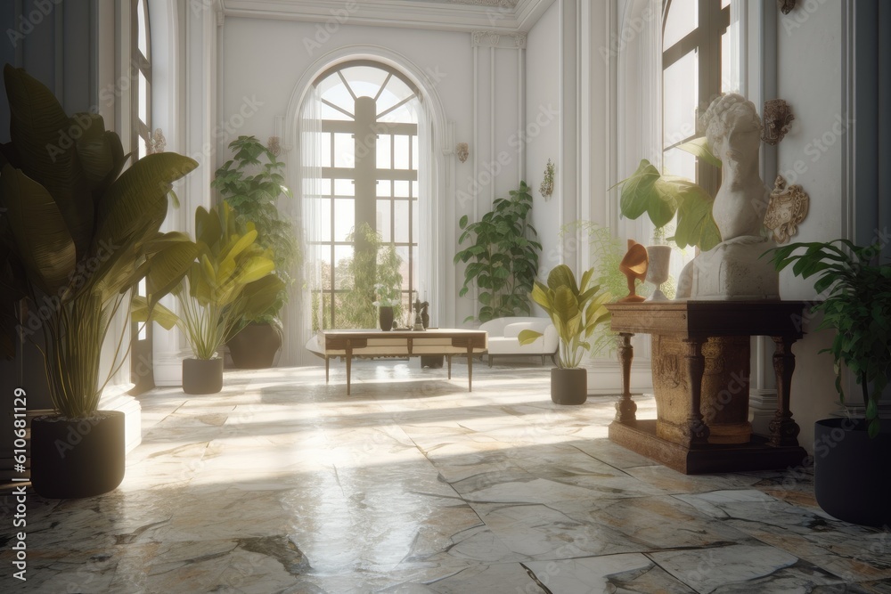 Sunny Summer Luxury Museum Interior With A Statue And Indoor Plants ...