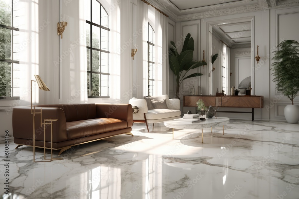 Luxury Marble Architecture In White Living Room Interior With Modern ...