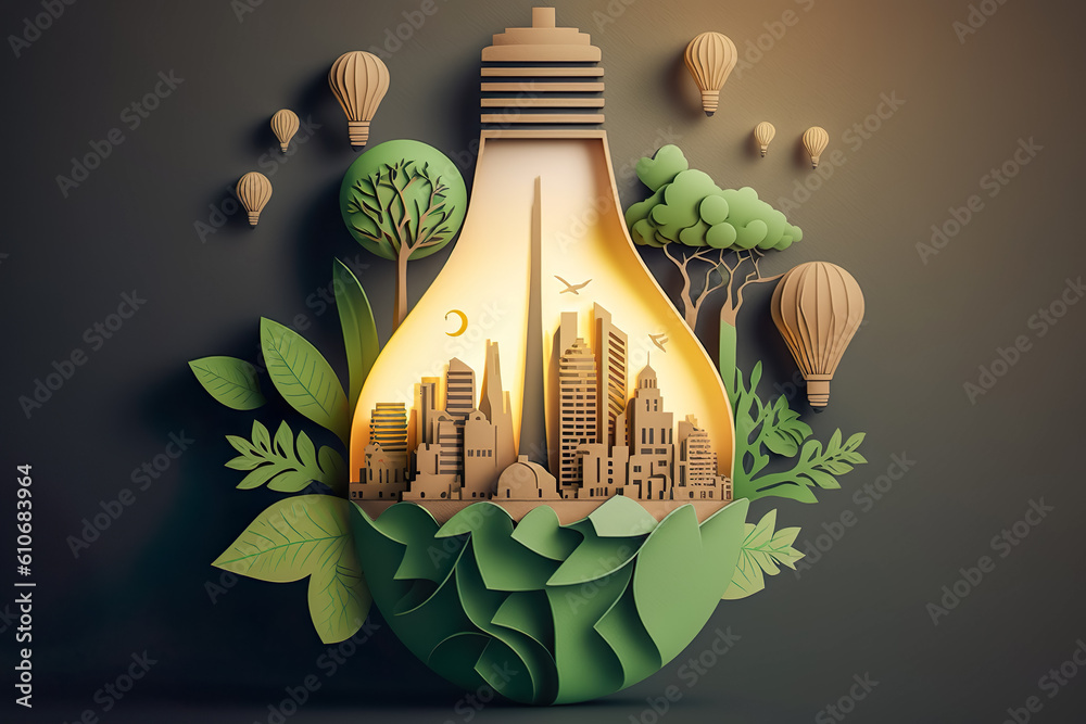 Paper cut of light bulb with green eco city , Save energy creative idea ...