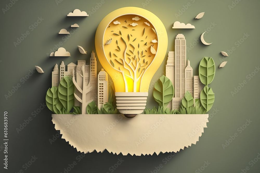 Paper cut of light bulb with green eco city , Save energy creative idea ...