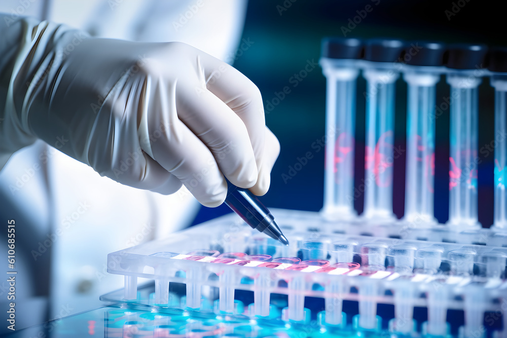 Closeup of a scientist pipetting a sample into a multiwell plate for ...