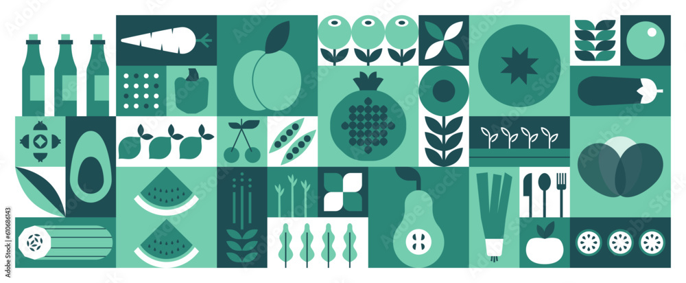 Geometric mosaic food pattern. Natural fruit vegetable icons, simple ...