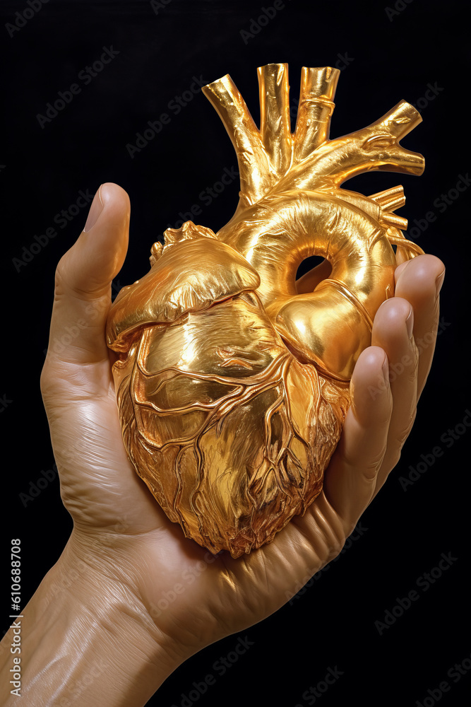 golden hand touching an anatomically correct heart and turning it to ...