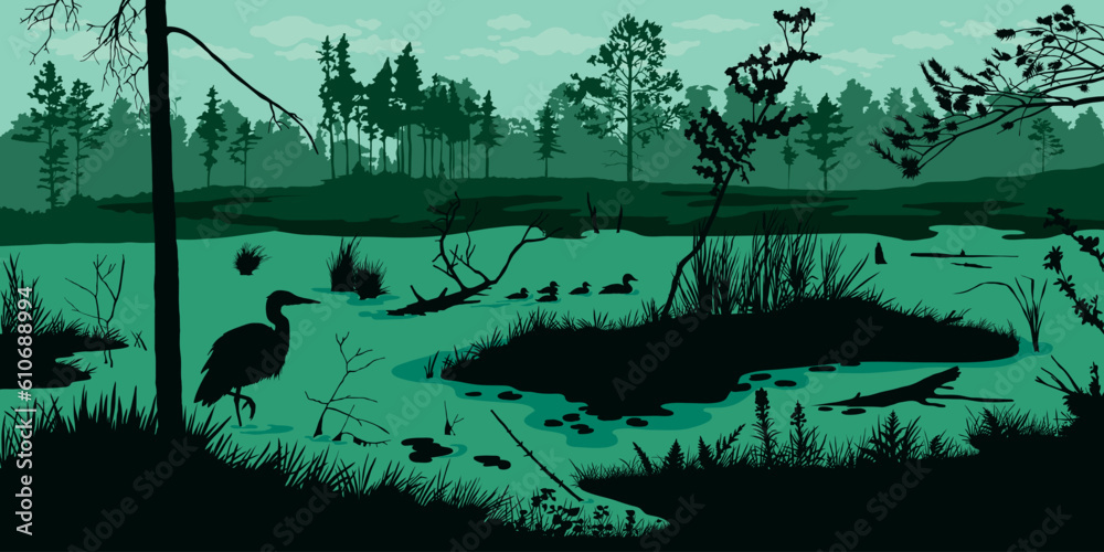 Horizontal swamp landscape. Marsh silhouette background with forest and ...