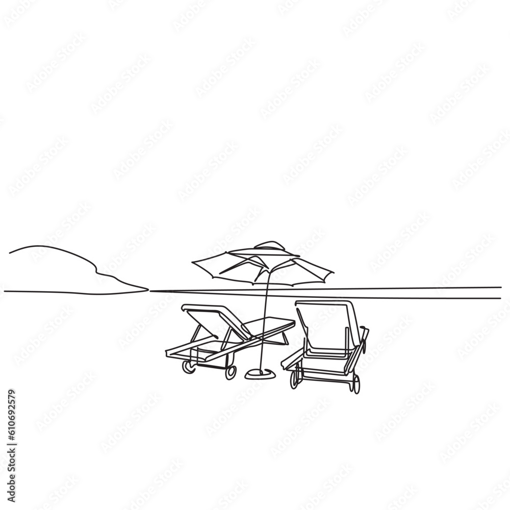Continuous one line drawing of sunbed. Beach umbrella and chair for ...