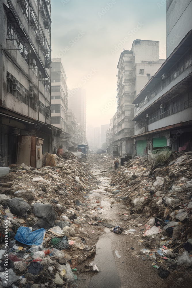 Generative AI illustration row of buildings of street with littered ...