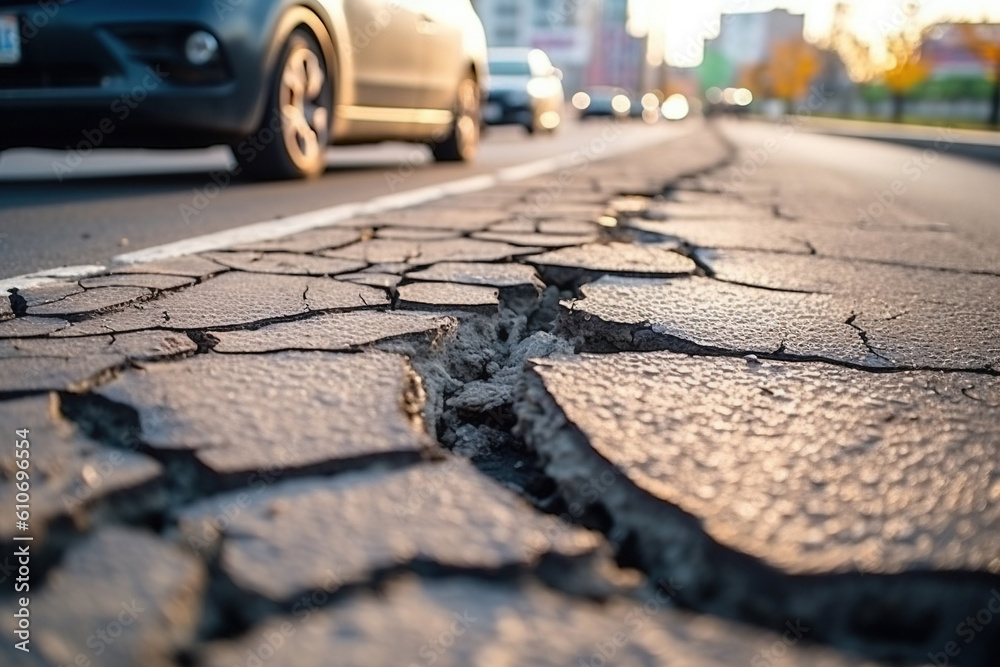 Pedestrian sidewalk with damaged pavement beside a highway with passing ...