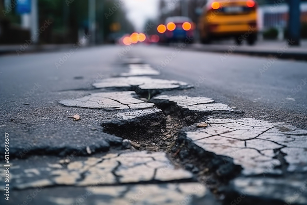 Urban decay spotlighted through the cracked and damaged pavement ...