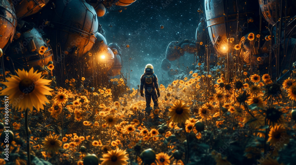 AI-Generated Cosmic Sunflower: Astronaut Amongst Fantastical Blooms ...