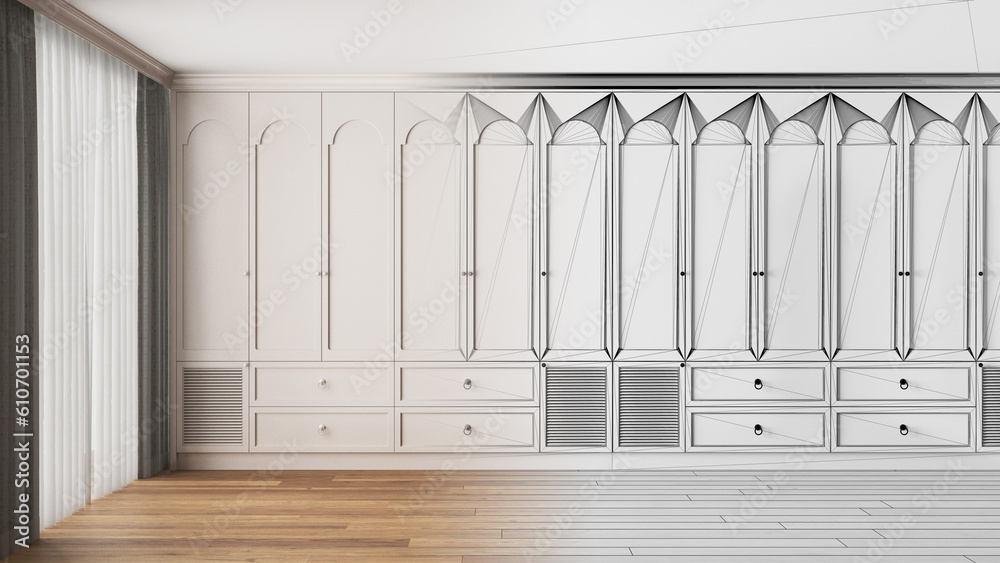 Architect interior designer concept: hand-drawn draft unfinished ...