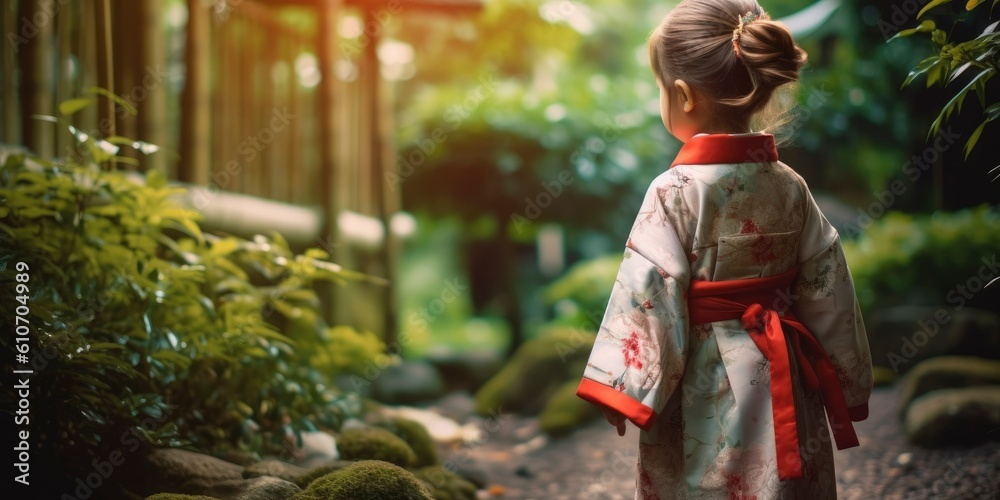 Japanese little girl wearing traditional cloth in garden. Asian little ...