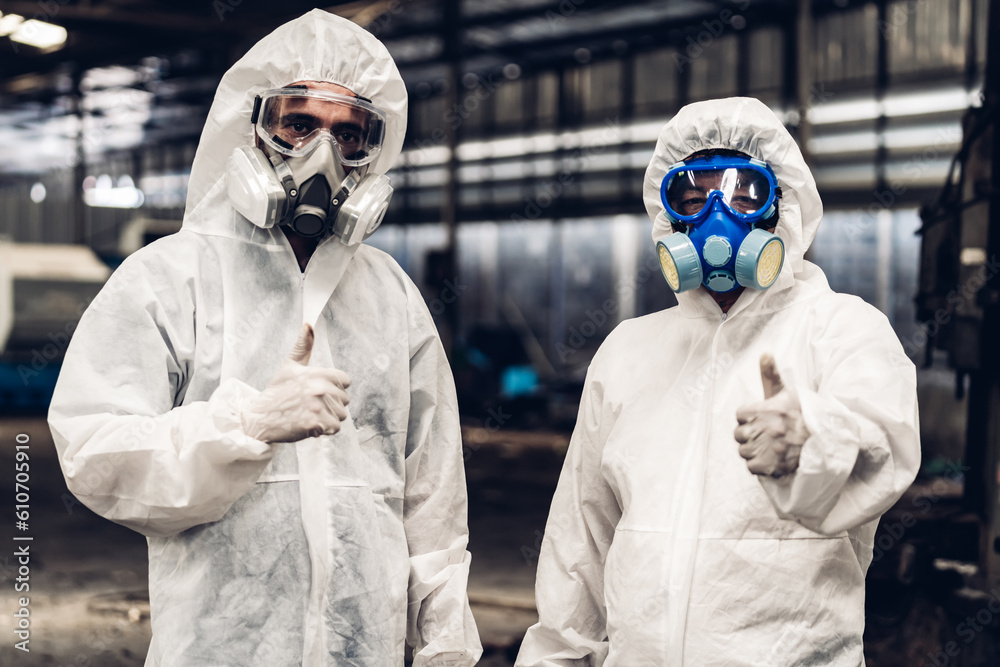 Scientist wear Chemical protection suit check danger chemical, working ...