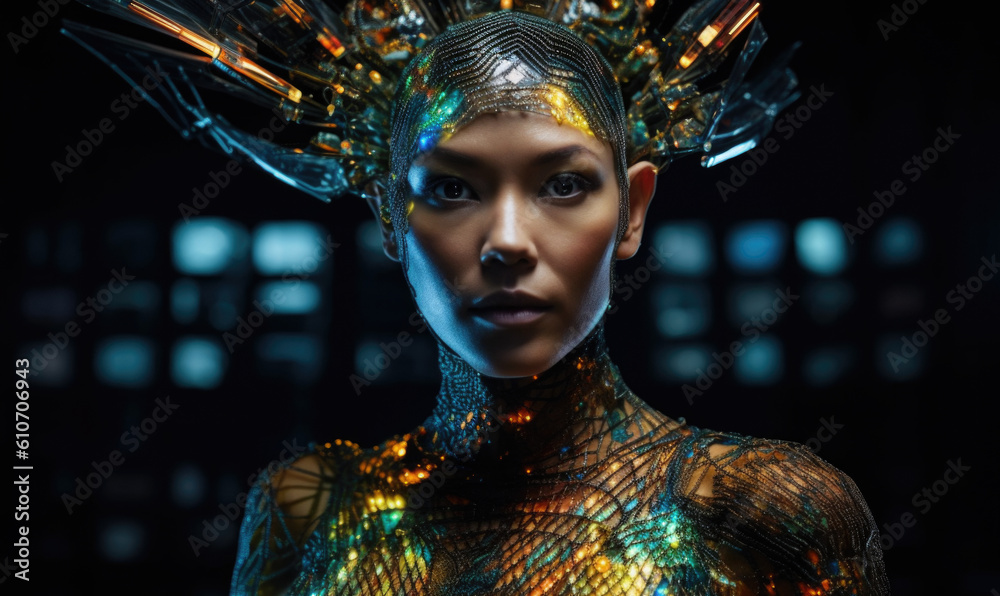 Generative AI illustration of young female model wearing technological ...