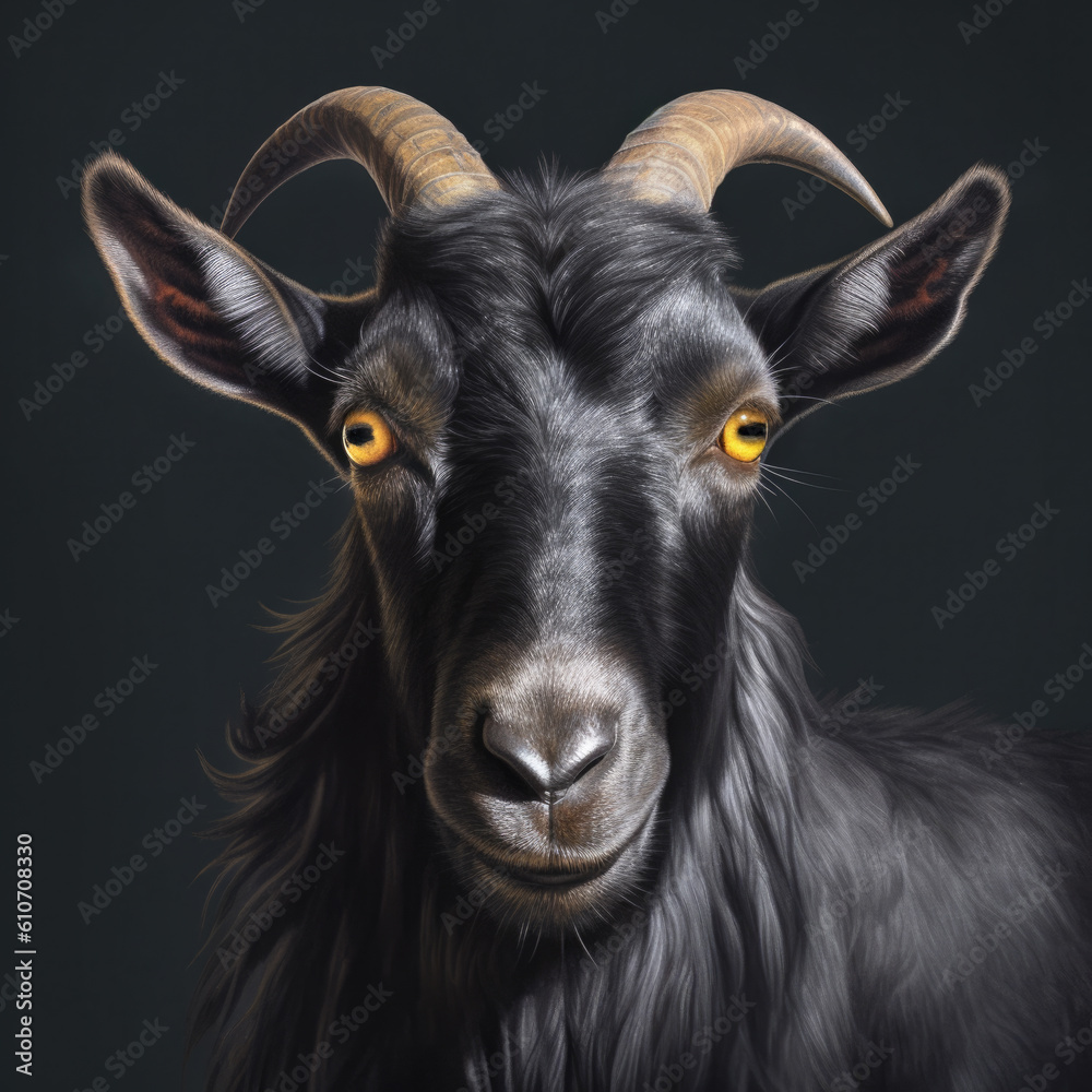 Black goat close up head portrait over dark background. Generative AI ...