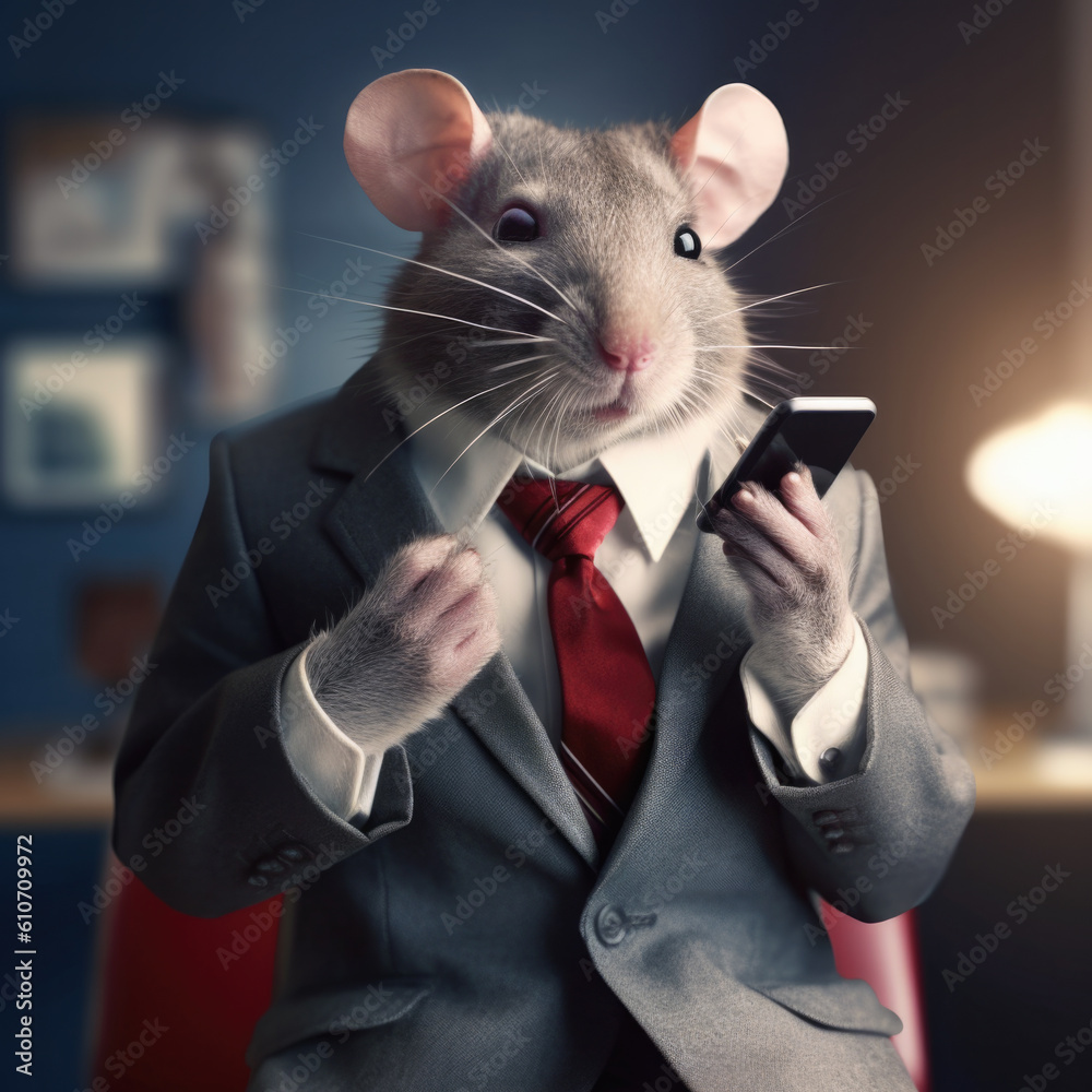 Rat in business suit at work in the office looking at its mobile ...