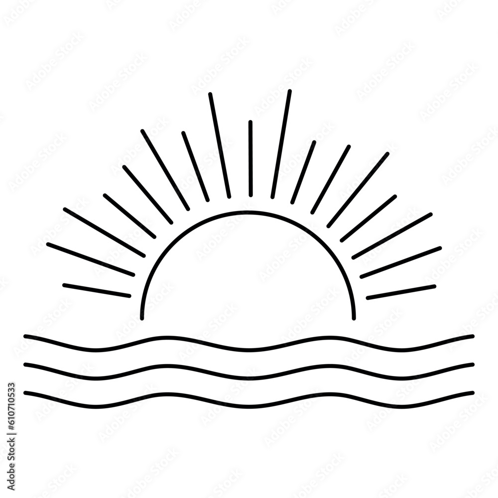 Sun and waves on isolated white background, sunset, linear logo, vector ...