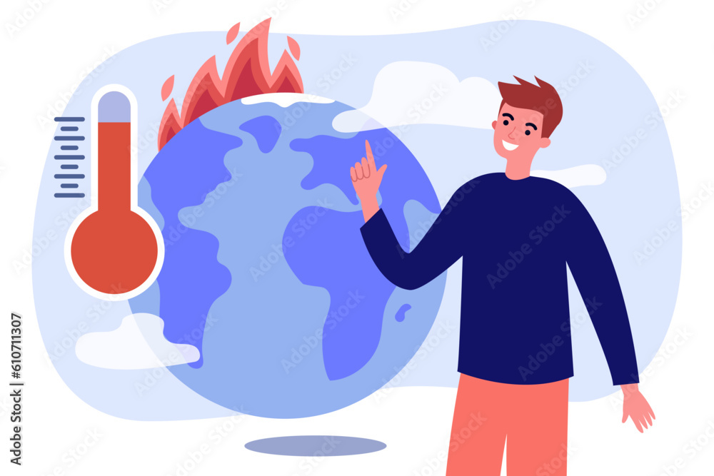 Happy man next to planet with high temperature. Fire burning on Earth ...