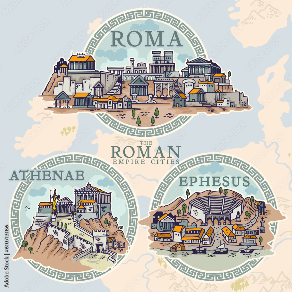 Roman Empire cities hand draw emblem icons in vector format Stock ...