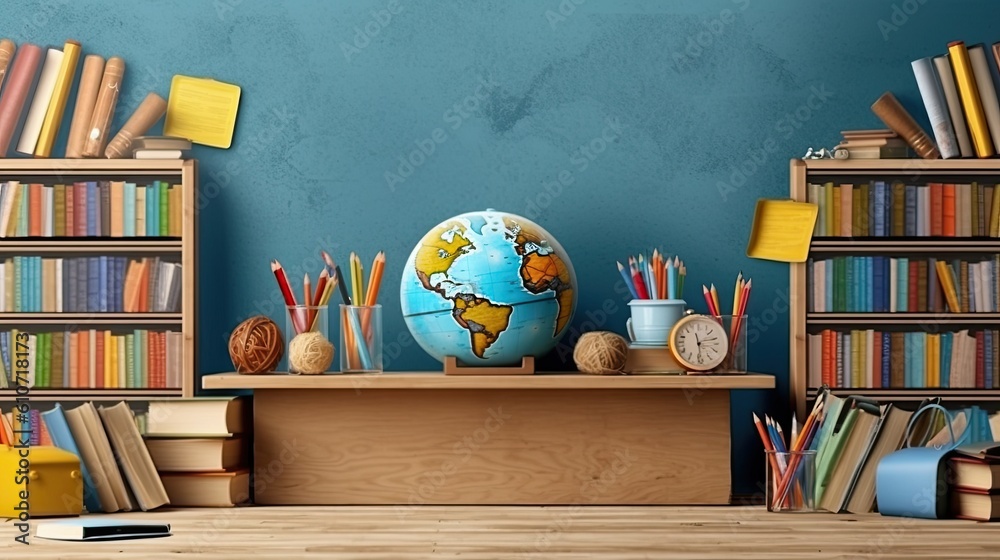Globe , books and desk with school supply on blackboard background with ...