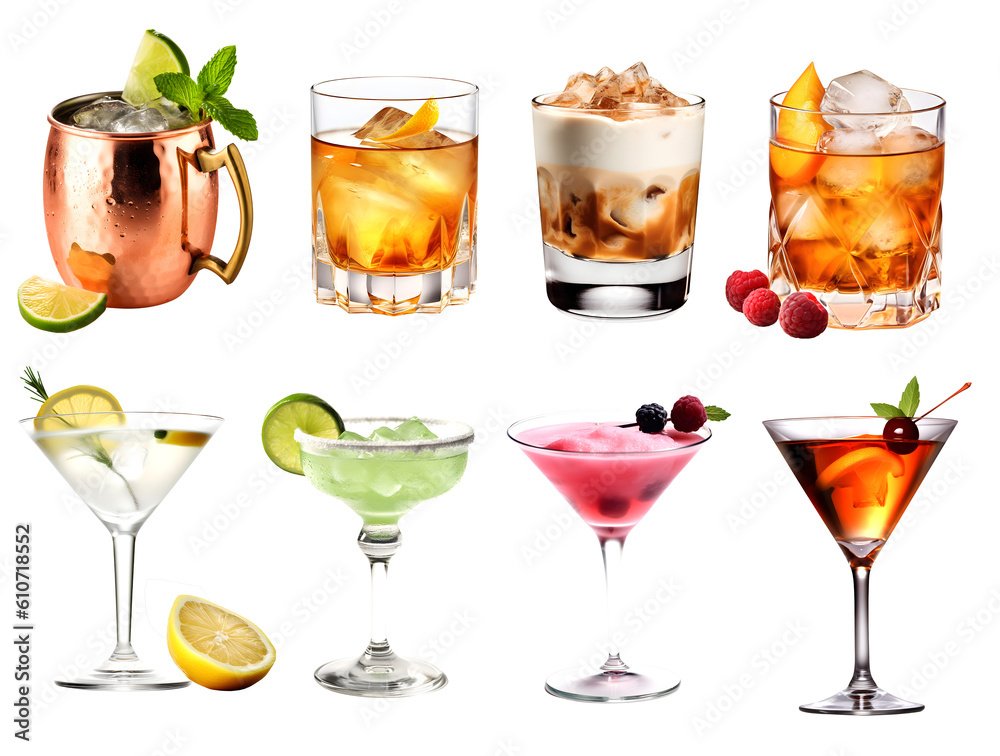 Alcohol Cocktail Mocktail. Many assorted different range types isolated ...