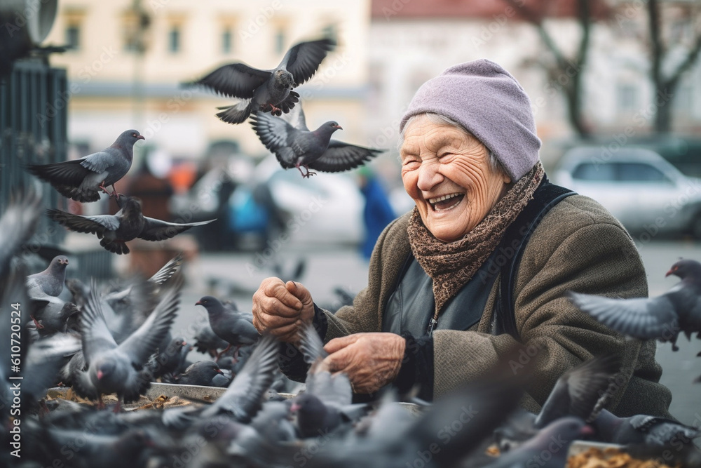 Foto de An older woman smiling as she feeds a flock of pigeons in a ...