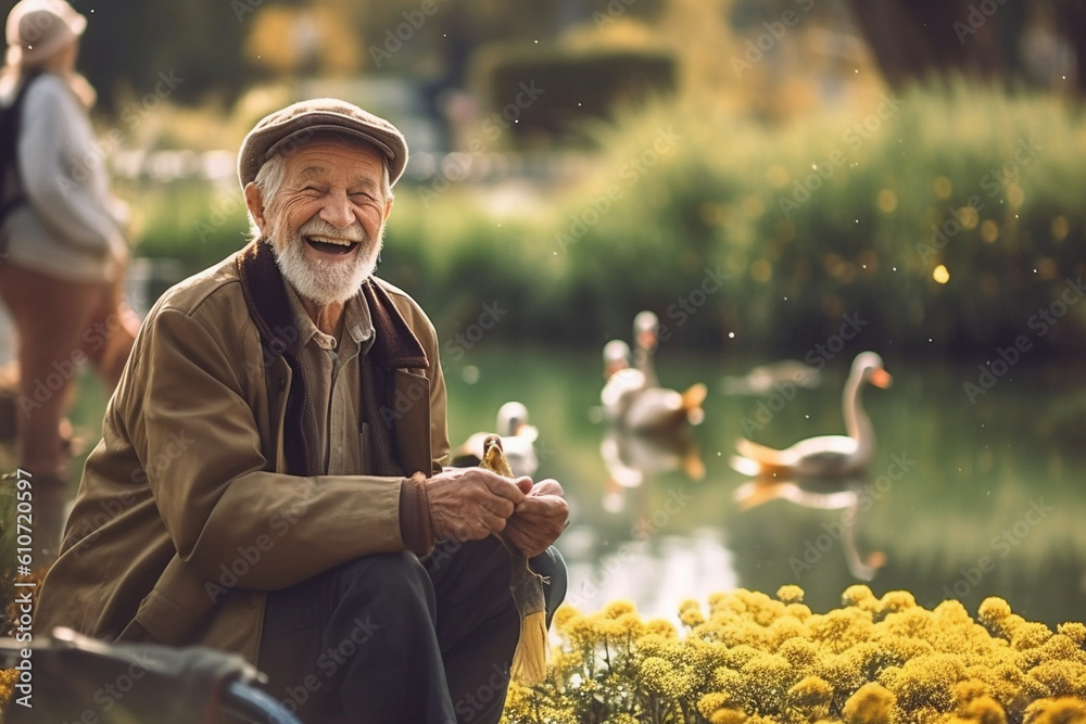An older man sitting on a park bench, feeding ducks in a serene pond ...