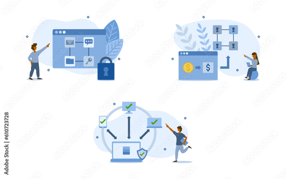 Vecteur Stock blockchain illustration set. characters are studying the ...