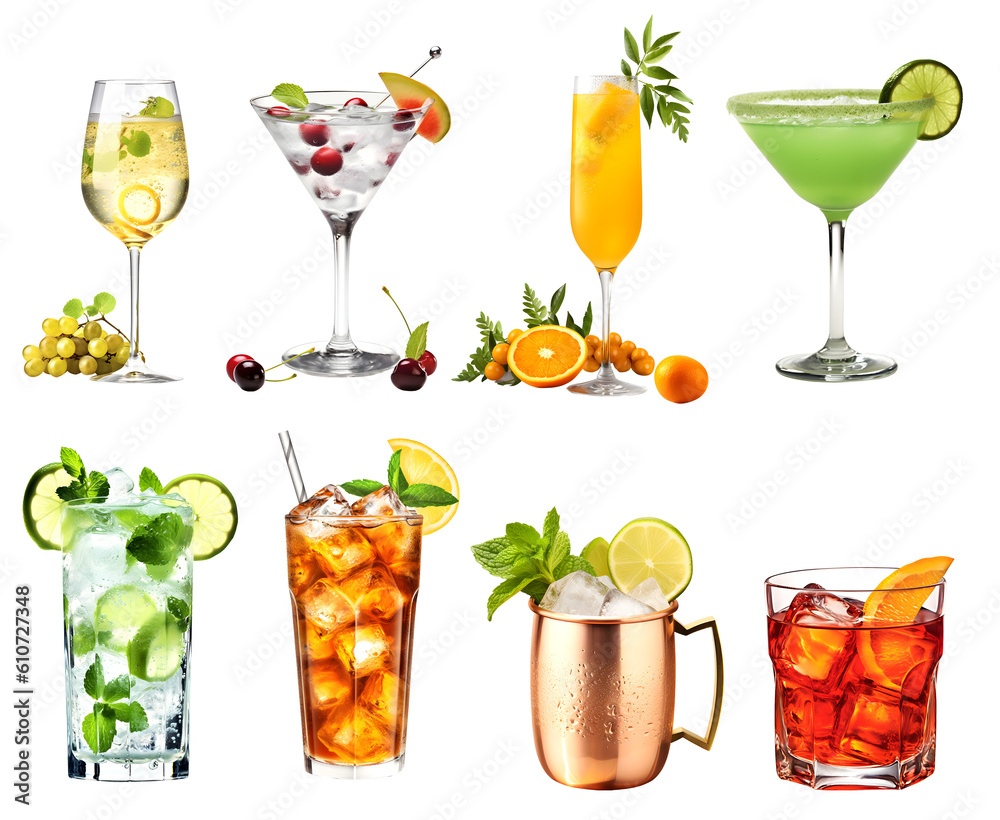 Alcohol Cocktail Mocktail. Many assorted different range types isolated ...