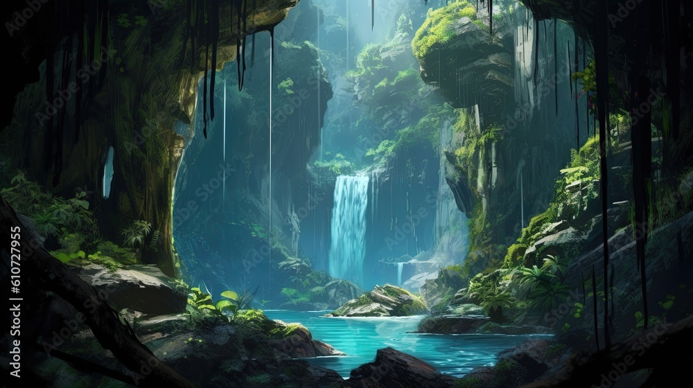A scenic view of a waterfall in a lush forest, with a hidden cave ...