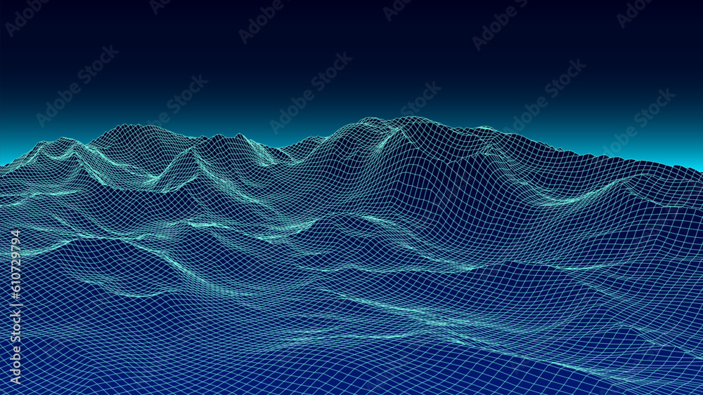 Style 3d retro landscape with night sky and sunset on horizon. Digital ...