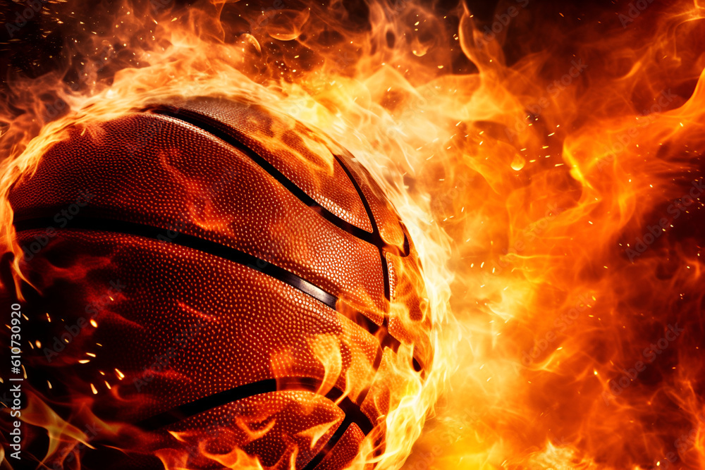 Flaming basketball flies through black background, poster, AI ...